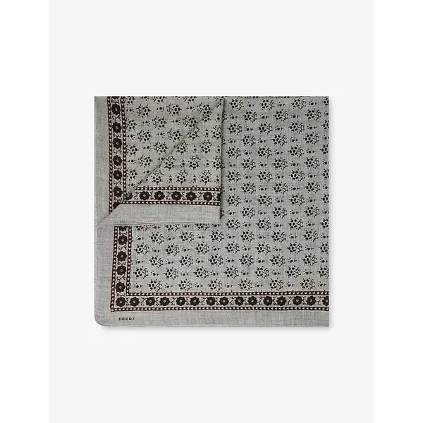 Soeur Classique Floral-print Wool-twill Scarf - Gris Clair/vertfonce