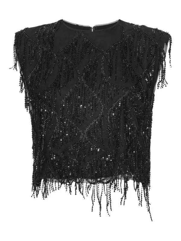 ROTATE BY BIRGER CHRISTENSEN Sequin Embellished Fringe Top - Black