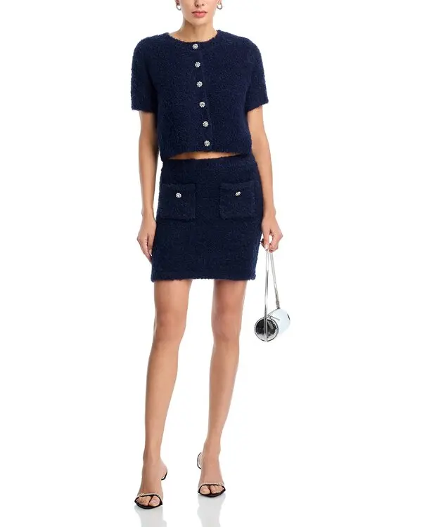 Aqua Boucle Mini Skirt With Crystal Buttons