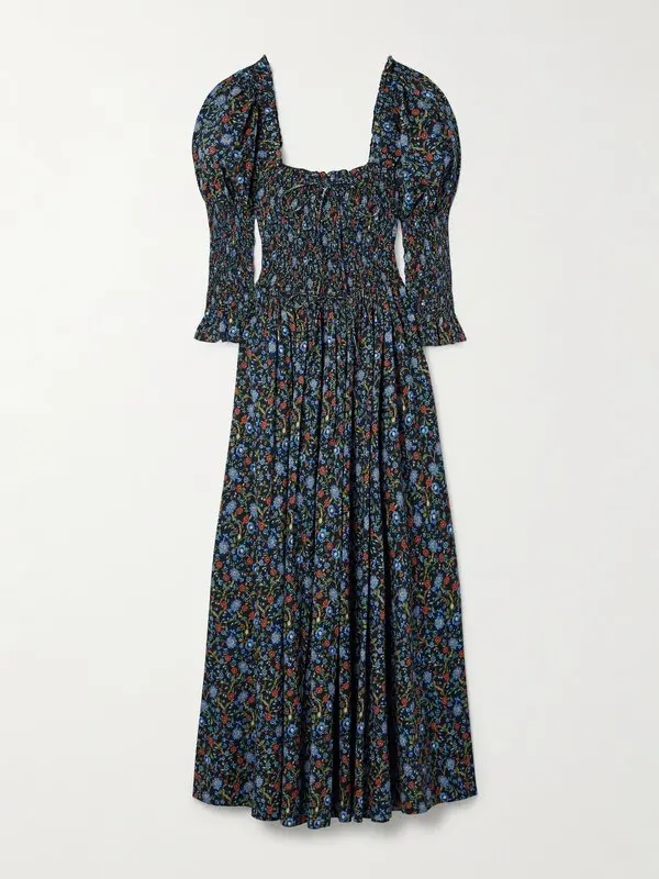 DÔEN Bijou Shirred Floral-print Organic Cotton-voile Midi Dress - Multi