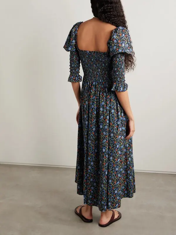 DÔEN Bijou Shirred Floral-print Organic Cotton-voile Midi Dress - Multi