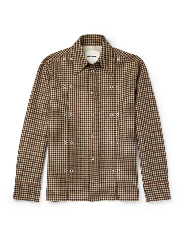 JIL SANDER Embellished Checked Wool And Linen-blend Shirt - Brown