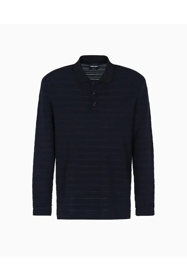 Giorgio Armani Long-sleeved Polo Shirt In Wool Jersey With A Motif - Black
