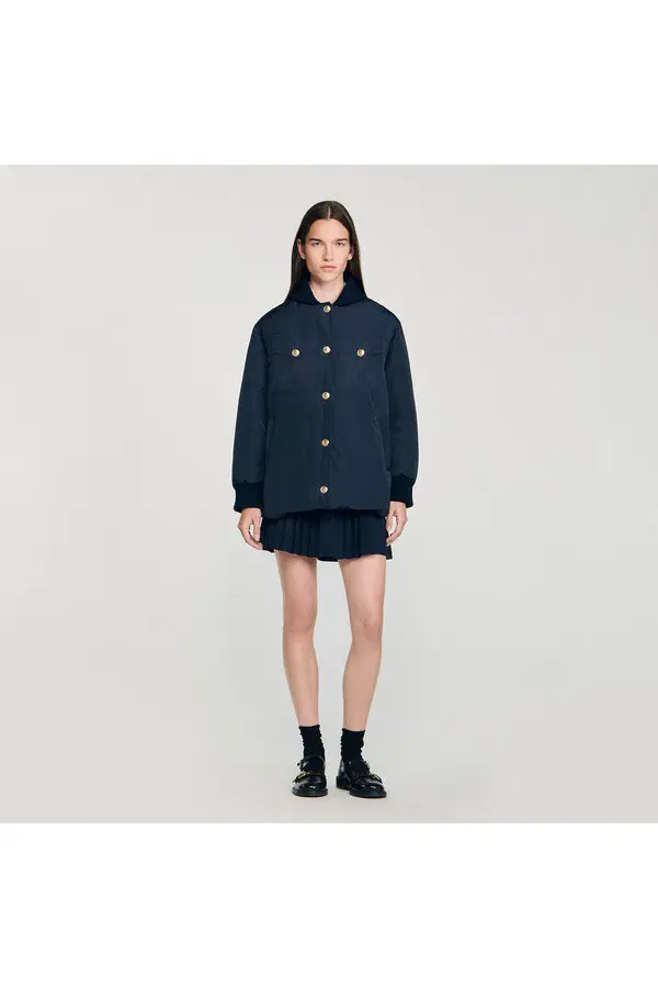 Sandro Quilted Puffer Jacket With Teddy Collar - Blue / Navy