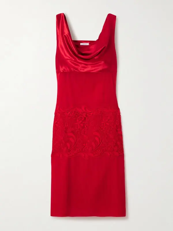 FERRAGAMO Satin- And Lace-paneled Silk-chiffon Midi Dress - Red