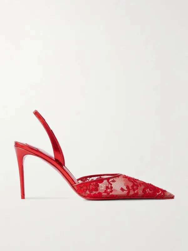 CHRISTIAN LOUBOUTIN Kate Max Metallic Leather-trimmed Crystal-embellished Lace Slingback Sandals - Red