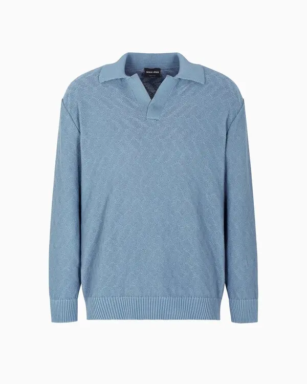 Giorgio Armani Cotton Jacquard Knitted Polo Shirt - Light_blue