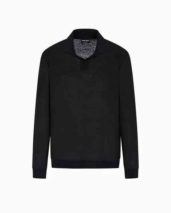 Giorgio Armani Long-sleeved Polo Shirt In Linen Jersey - Black