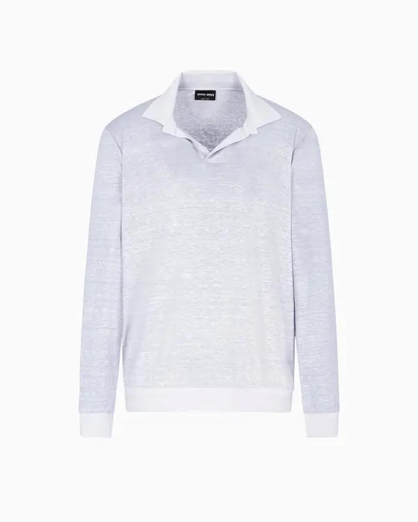 Giorgio Armani Long-sleeved Polo Shirt In Linen Jersey - Grey