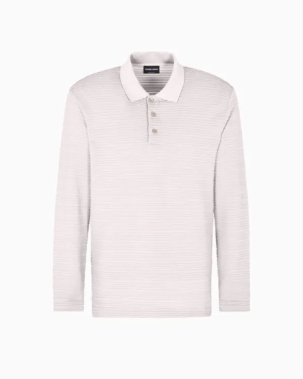 Giorgio Armani Long-sleeved Polo Shirt In Wool Jersey With A Stripe Motif - Beige