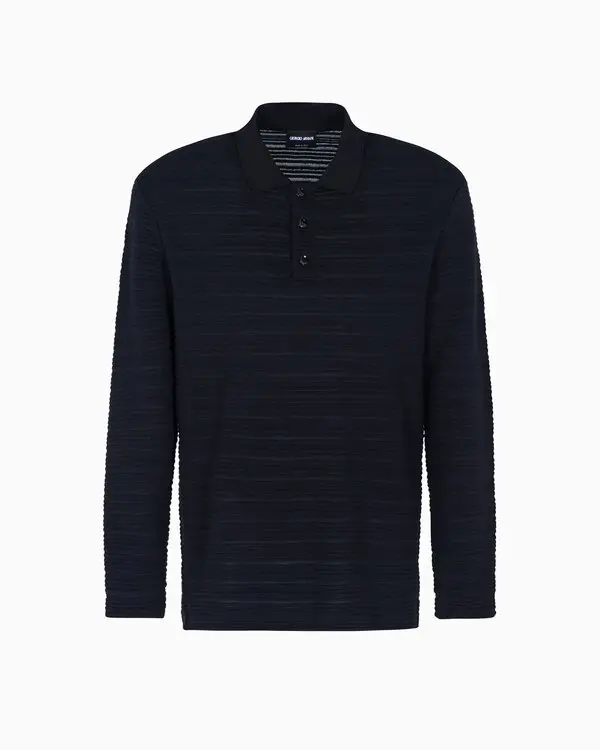 Giorgio Armani Long-sleeved Polo Shirt In Wool Jersey With A Stripe Motif - Black