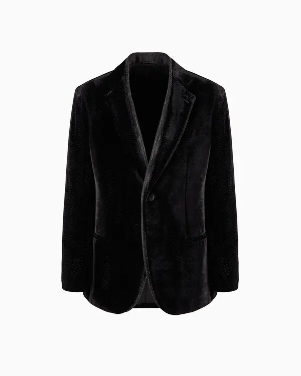 Giorgio Armani Giorgio’s Single-breasted Tuxedo Jacket In A Chevron Print Velvet - Black