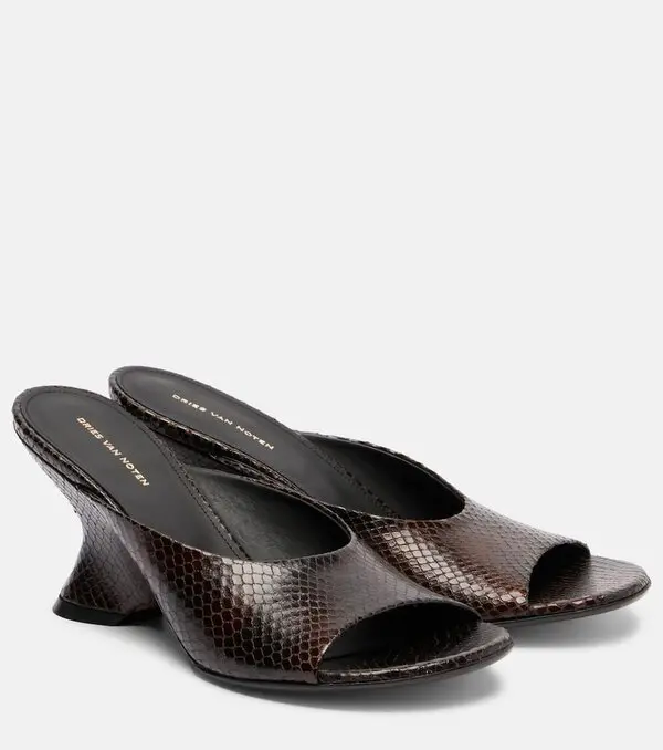 Dries Van Noten 75 Snake-effect Leather Wedge Mules
