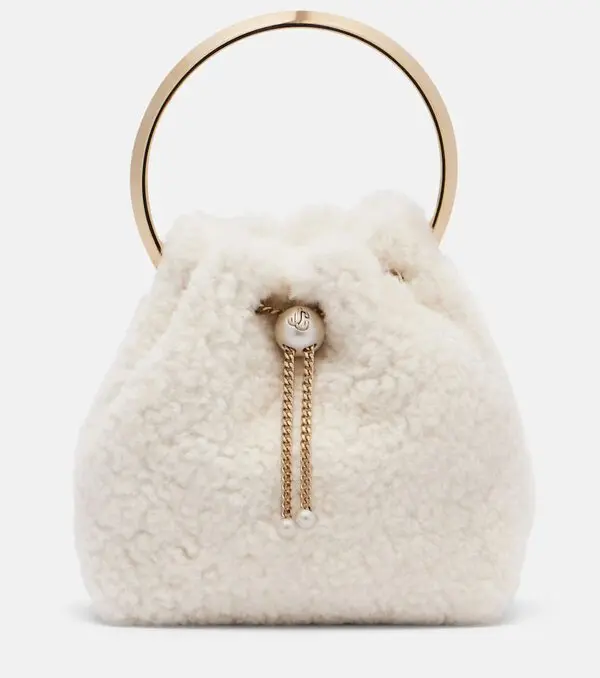 JIMMY CHOO Bon Bon Small Shearling Bucket Bag - White