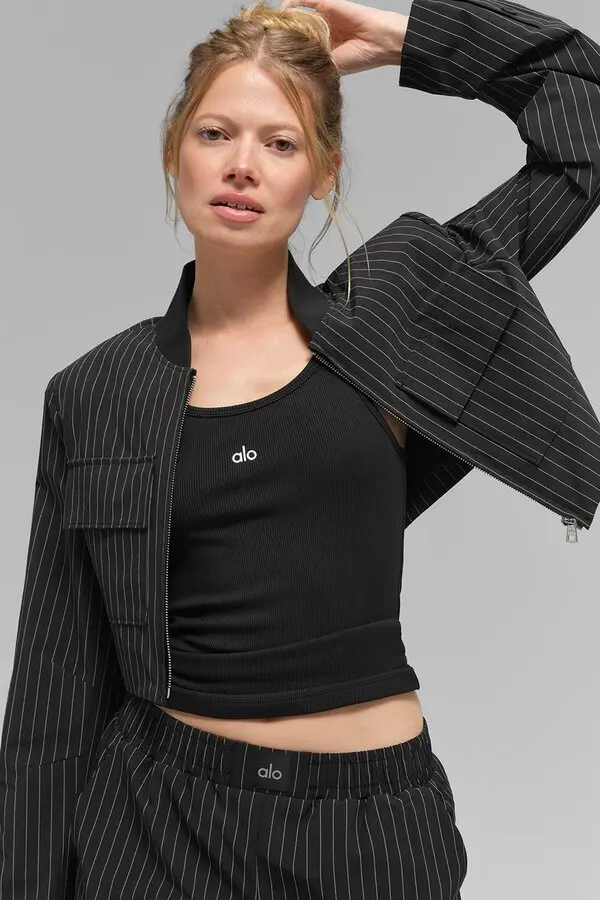 Alo Yoga Cropped Pinstripe Full Zip Jacket - Black/titanium
