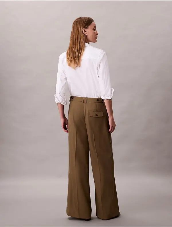 Calvin Klein Wool Gabardine Wide Leg Trousers - Moss Green