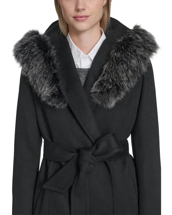 Cole Haan Single Breasted Faux Fur Hooded Coat