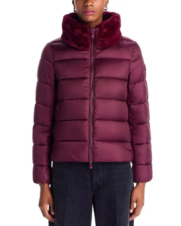 SAVE THE DUCK Mei Faux Fur Trim Quilted Jacket - Wine Red