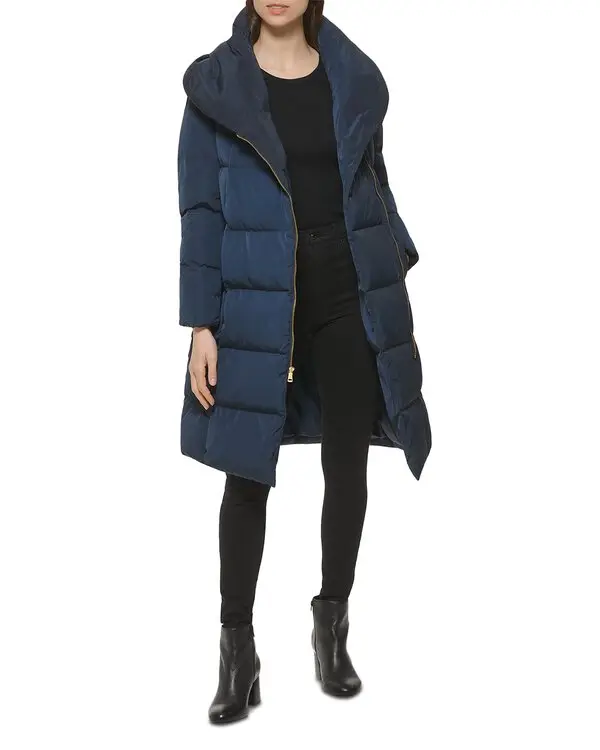 Cole Haan Taffeta Down Zip-front Coat - Navy
