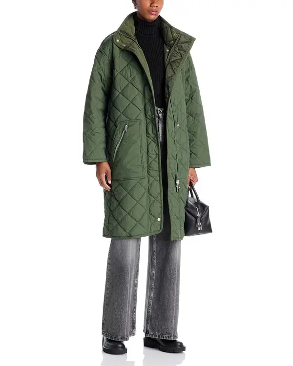 Bernardo Quilted Woven Coat - Olive