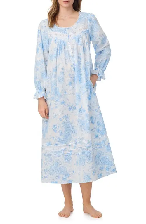 Eileen West Long Sleeve Cotton Lawn Ballet Nightgown - White/blue Flower
