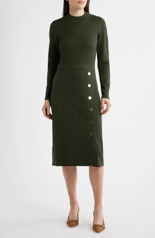 Julia Jordan Button Detailed Mock Neck Midi Sweater Dress - Deep Forest