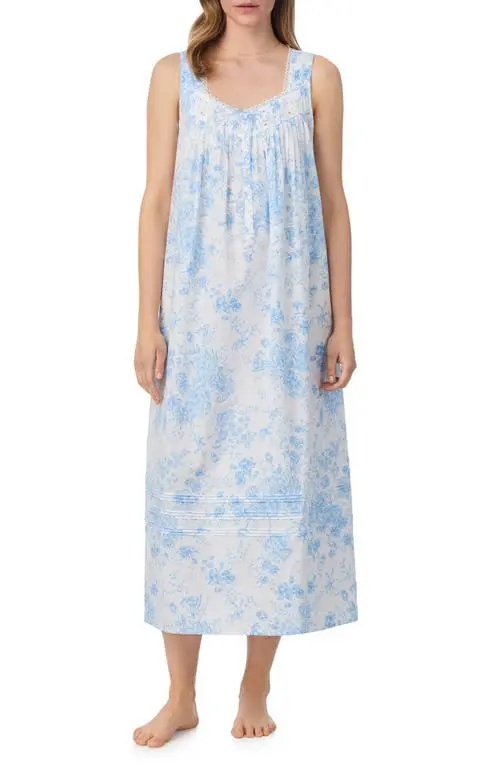 Eileen West Sleeveless Cotton Lawn Ballet Nightgown - White/blue Flower