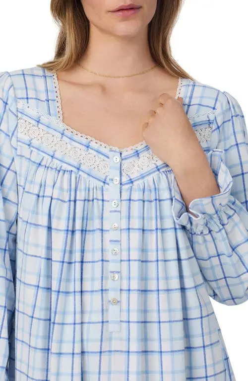 Eileen West Long Sleeve Cotton Flannel Ballet Nightgown - Blue/plaid
