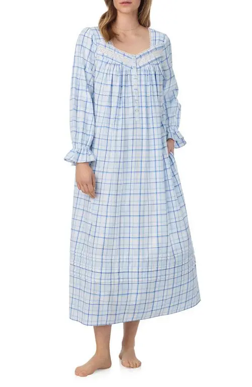 Eileen West Long Sleeve Cotton Flannel Ballet Nightgown - Blue/plaid