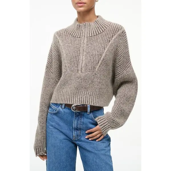 Staud Hampton Crop Cotton Blend Half-zip Sweater - Bisque