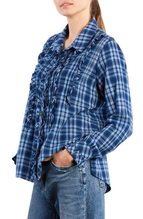 BILLY T Plaid Ruffle Cotton Button-up Shirt