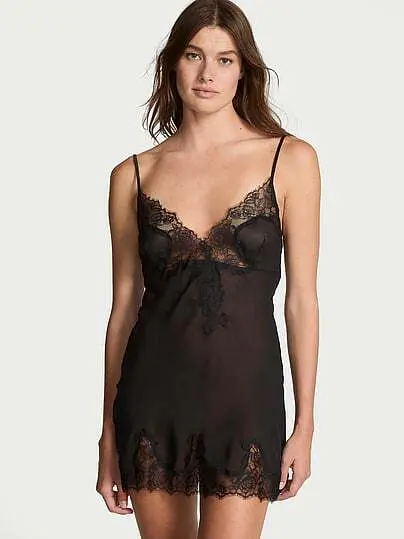 Victoria's Secret Rose Lace & Chiffon Mini Slip Dress - Black