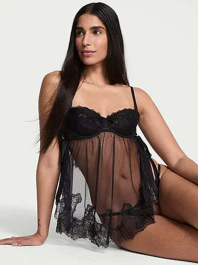 Victoria's Secret Very Sexy Wicked Sheer Unlined Lace-trim Babydoll Set - Black