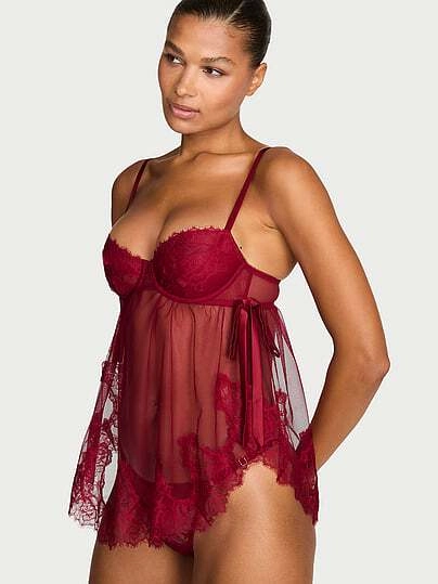 Victoria's Secret Very Sexy Wicked Sheer Unlined Lace-trim Babydoll Set - Red