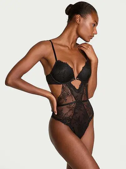 Victoria's Secret Very Sexy Rose Lace Push-up Teddy - Black