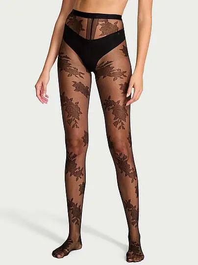 Victoria's Secret Rose Patterned Tights - Black