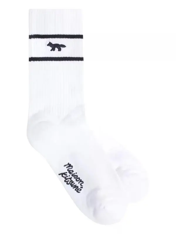 Maison Kitsuné Fox-embroidered Striped Socks - White