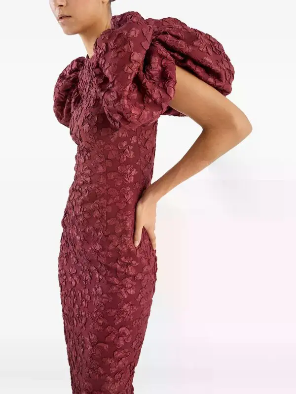 ROTATE BY BIRGER CHRISTENSEN Jacquard Midi Dress With Puff Sleeves - Red