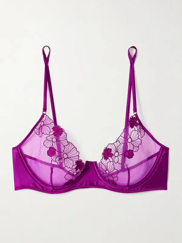 Kiki De Montparnasse Violet Satin-trimmed Appliquéd Embroidered Tulle Underwired Soft-cup Bra - Purple