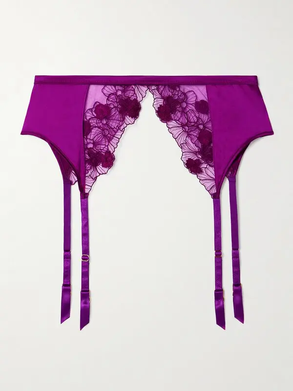 Kiki De Montparnasse Silk-blend Satin And Appliquéd Embroidered Tulle Suspenders - Purple