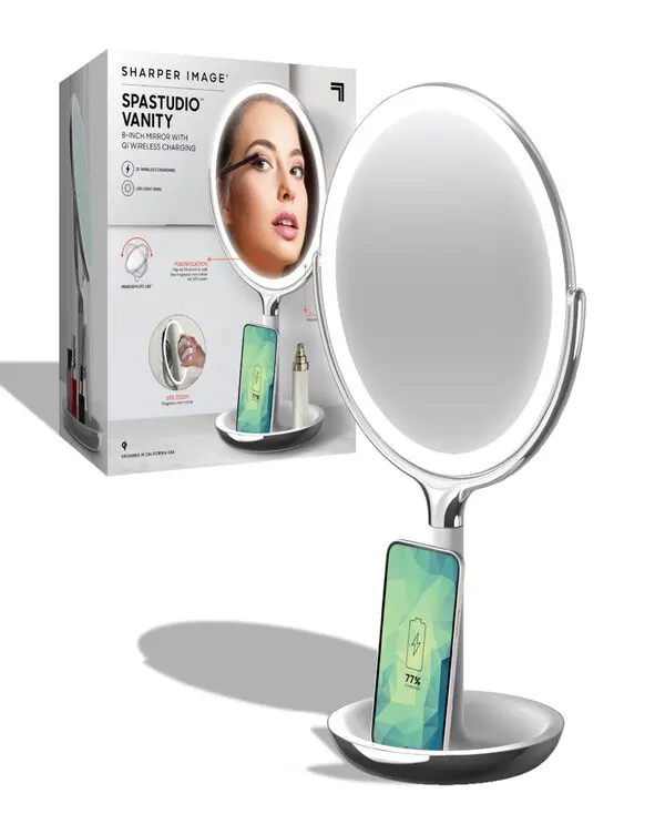 SHARPER IMAGE Spastudio Vanity 8-inch Mirror With Built-in Qi Wireless Phone Charger - Silver-tone