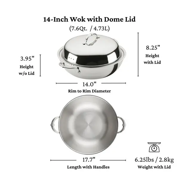 HESTAN Probond Luxe 14 Professional Clad Stainless Steel Wok With Dome Lid