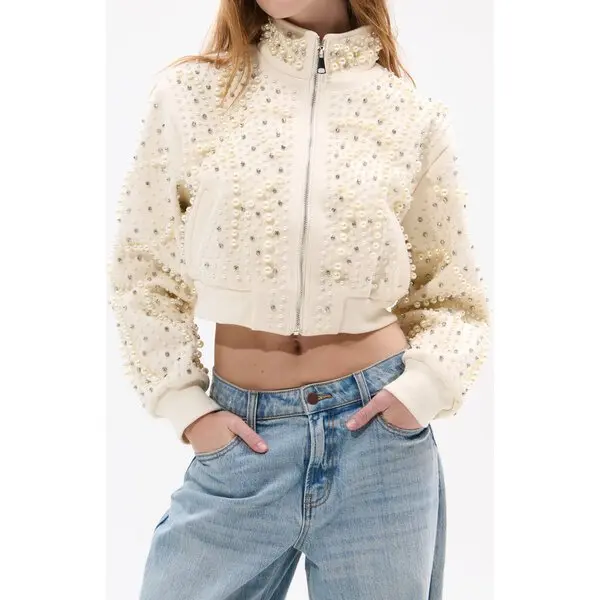 AZALEA WANG Embellished Cropped Bomber Jacket