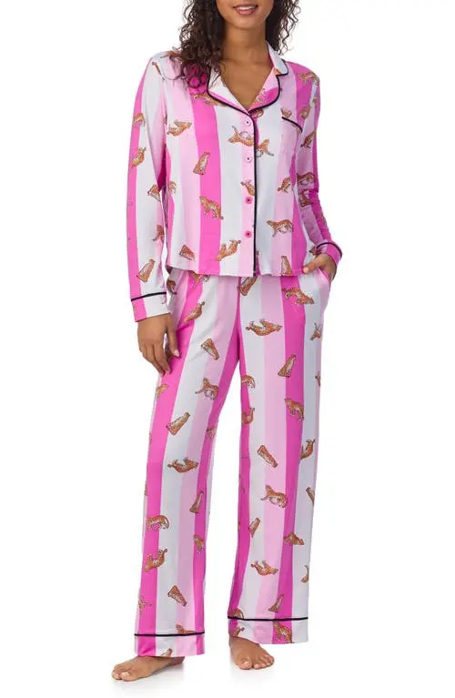 ROOM SERVICE Print Long Sleeve Long Pajamas - Pink Stripe