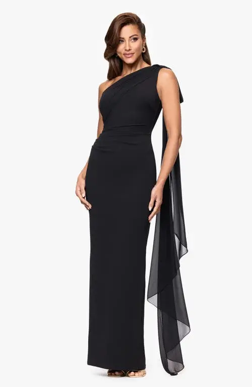 xscape evening dresses Xscape Women's Tie Neck Long Dress - Black