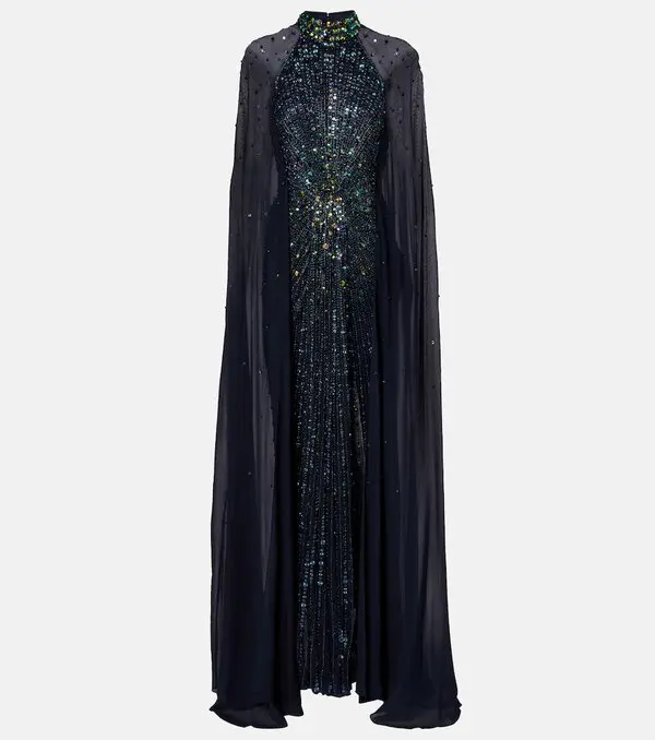 Jenny Packham Thea Caped Sequined Gown - Blue