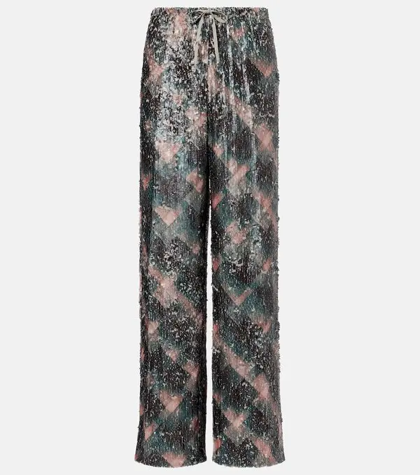 Dries Van Noten Checked Sequined Palazzo Pants - Green