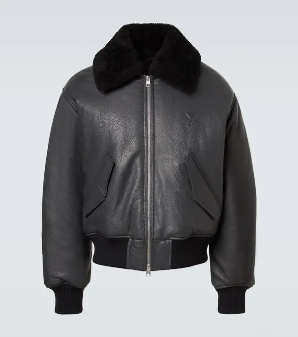 Ami Shearling-trimmed Leather Bomber Jacket - Black