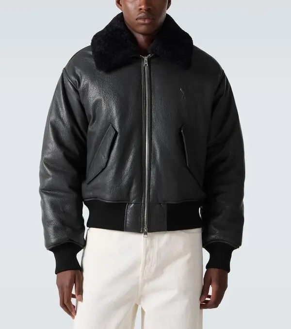 Ami Shearling-trimmed Leather Bomber Jacket - Black