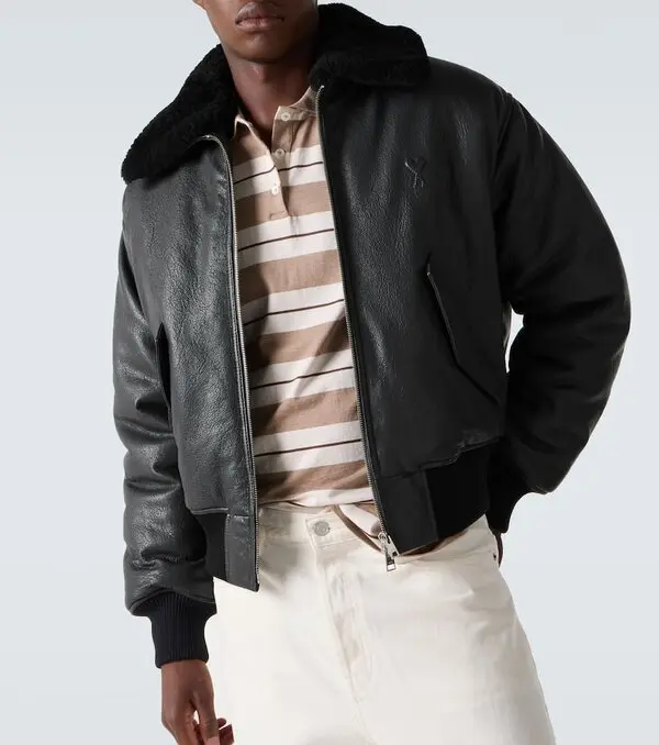 Ami Shearling-trimmed Leather Bomber Jacket - Black